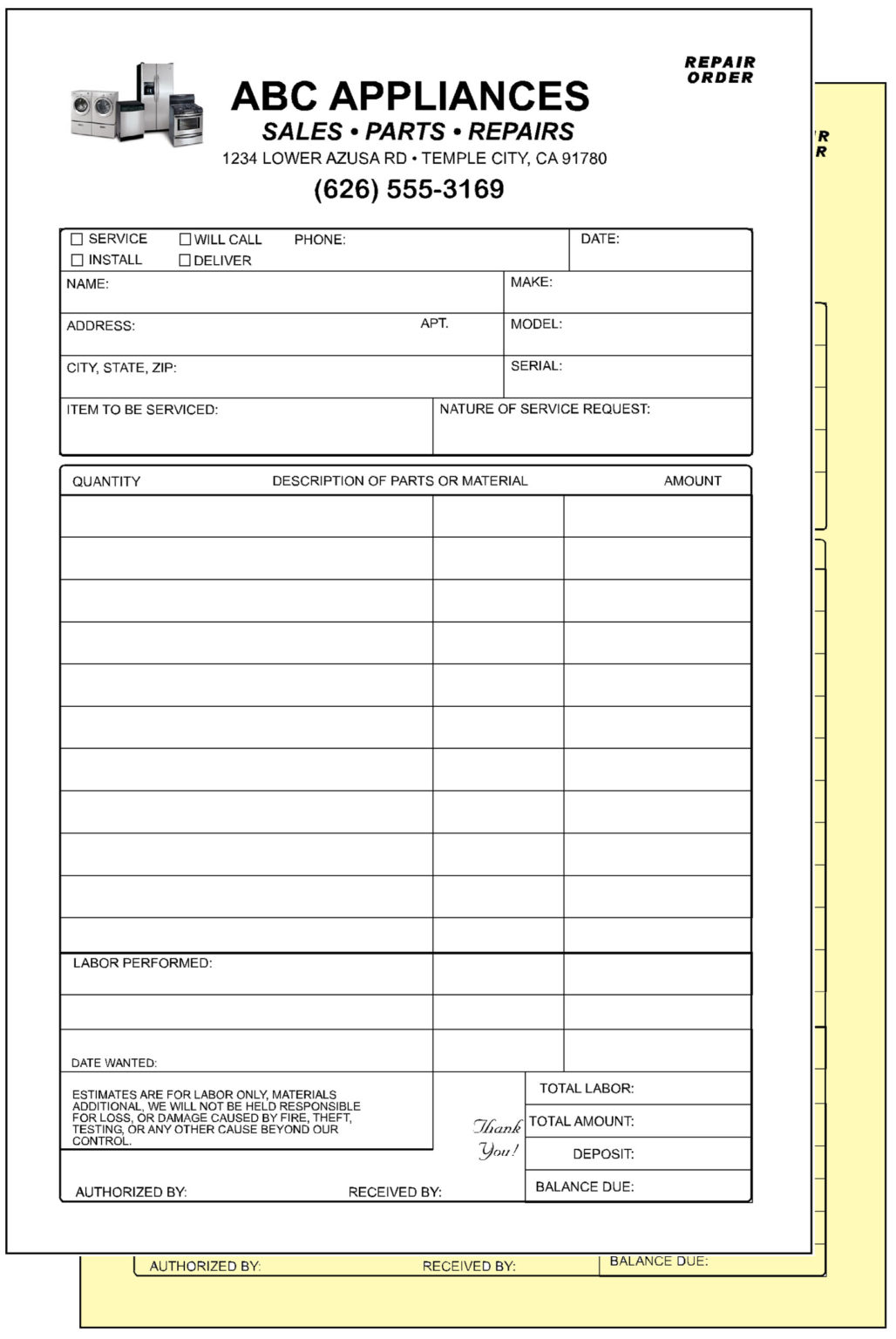 Appliance Repair Service Invoices Receipts 2 Part NCR Custom Printed w ...