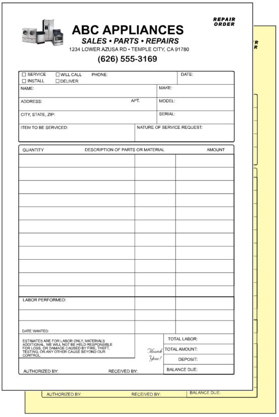 Appliance Repair Service Invoices Receipts 2 Part NCR Custom Printed W your Info Copy APrinting