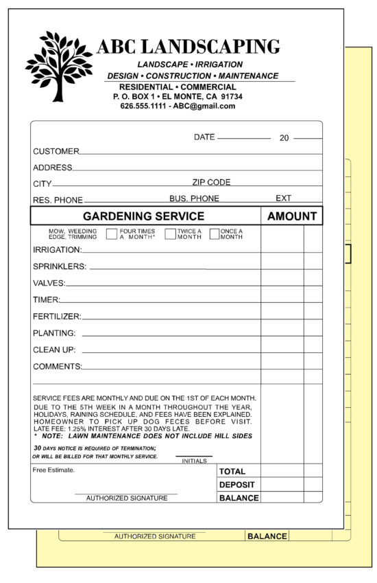 Landscaping Gardening Invoices Receipts 2 Part NCR Custom Printed w ...