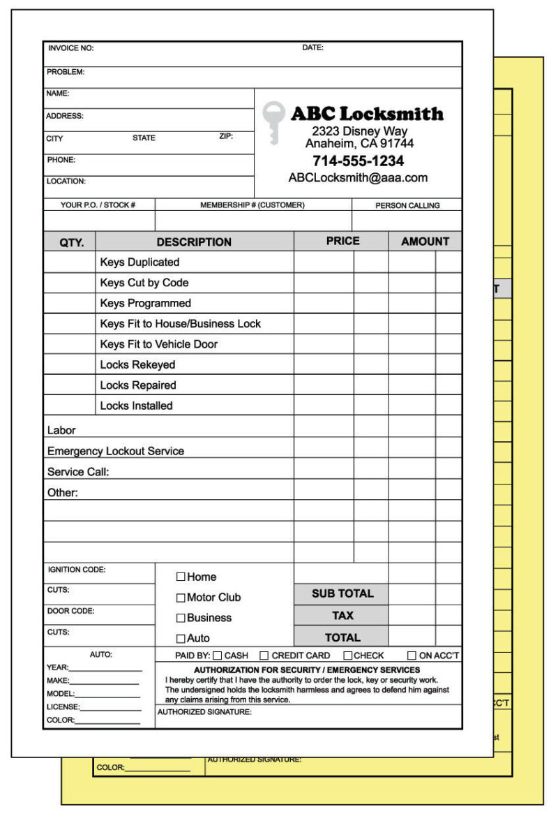 Locksmith Receipts – Invoices – Custom Printed – 2 part NCR Work Order ...